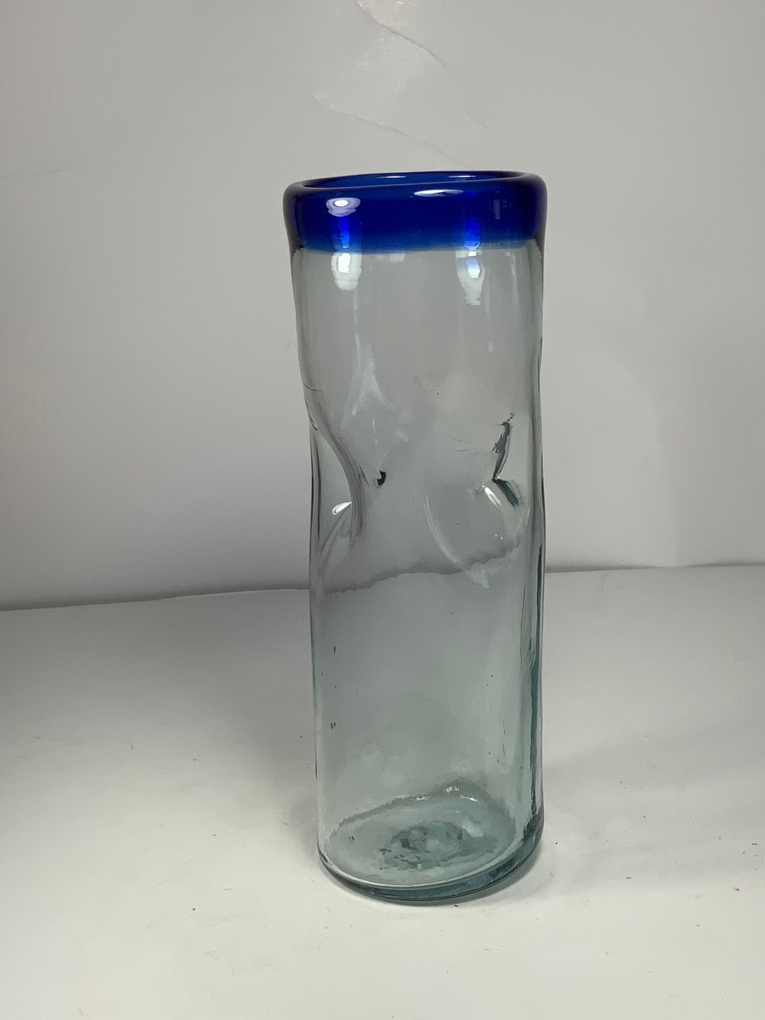 Hand Blown Cobalt Blue Rim Mexican Glass Vase 7.5 In. - Etsy