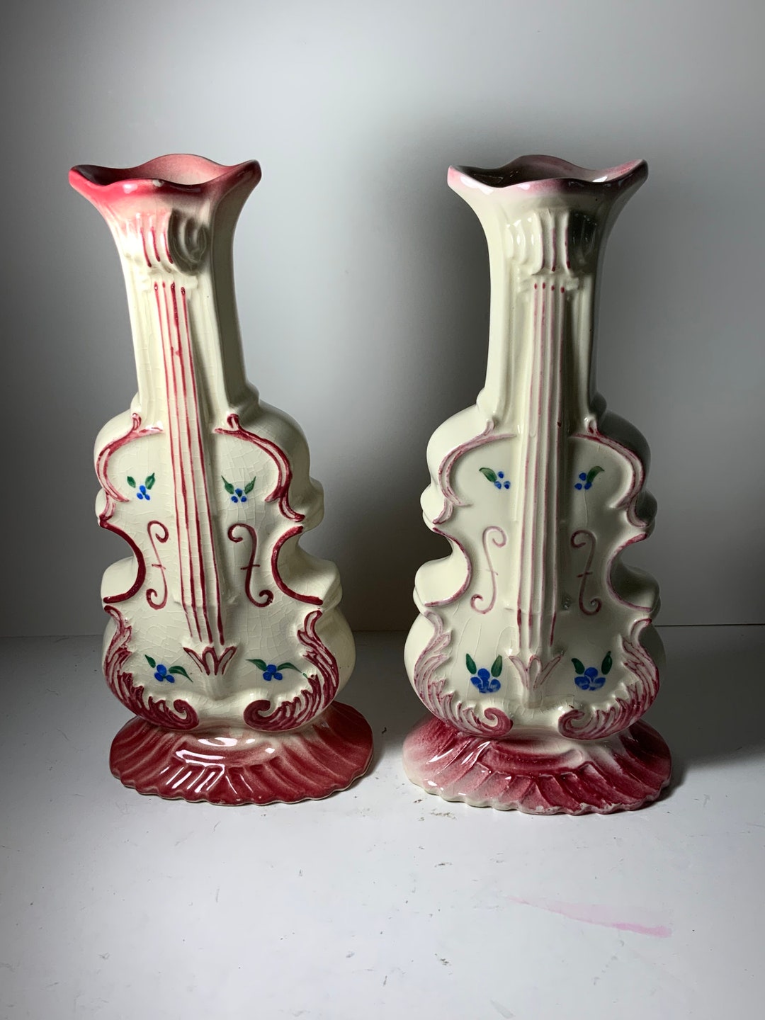 Set of 2 Vintage Violin Porcelain Vases Hand Painted 10 In. - Etsy