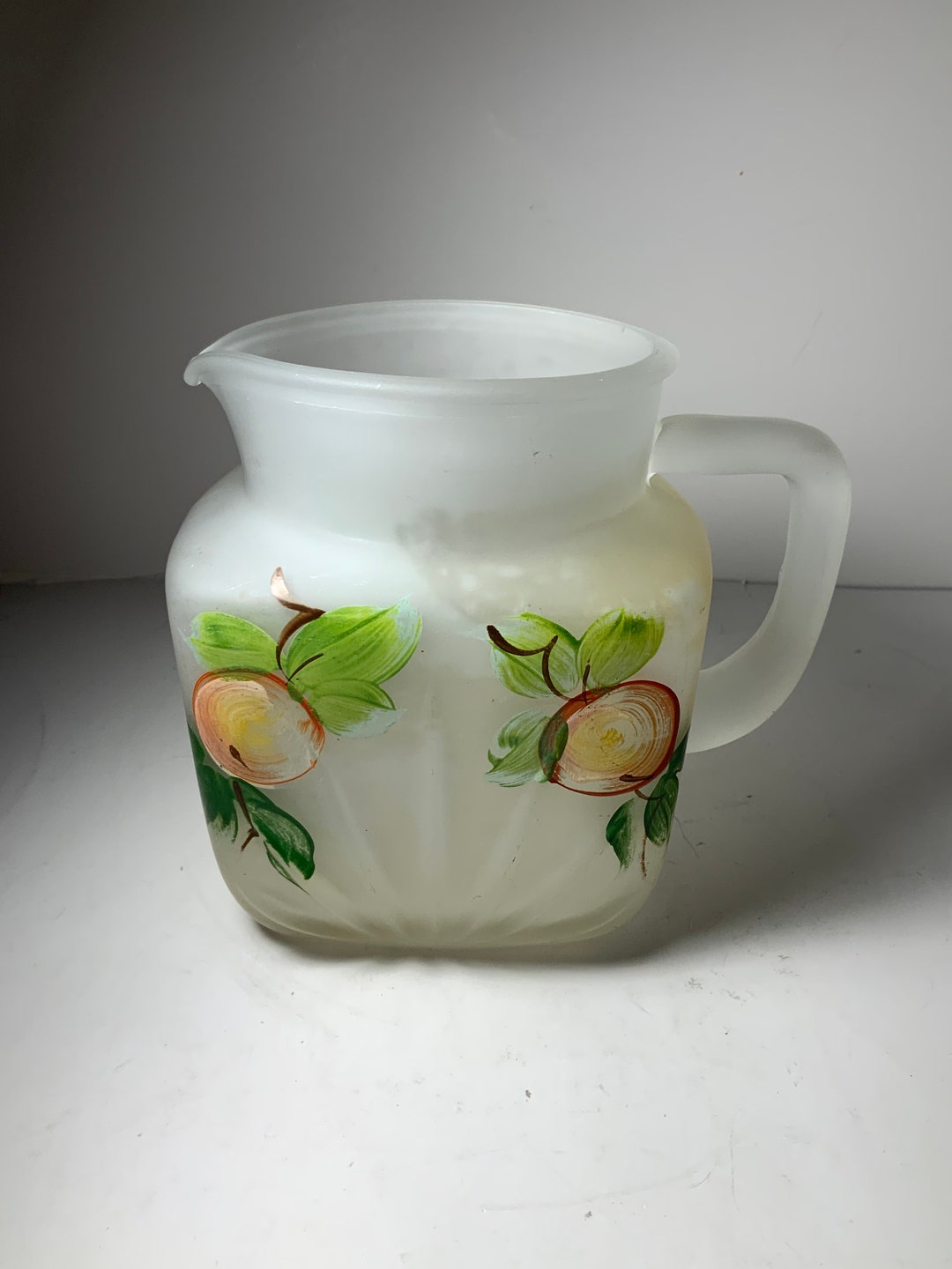 Vintage Hazel Atlas Frosted Peach Hand Painted Pitcher 1950’s 5.5 In ...