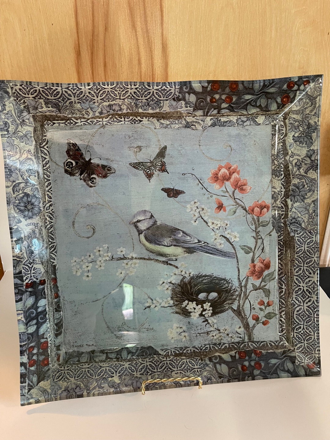 Rare Vintage Janet Tava Cased Glass Serving Tray Butterfly, Birds ...