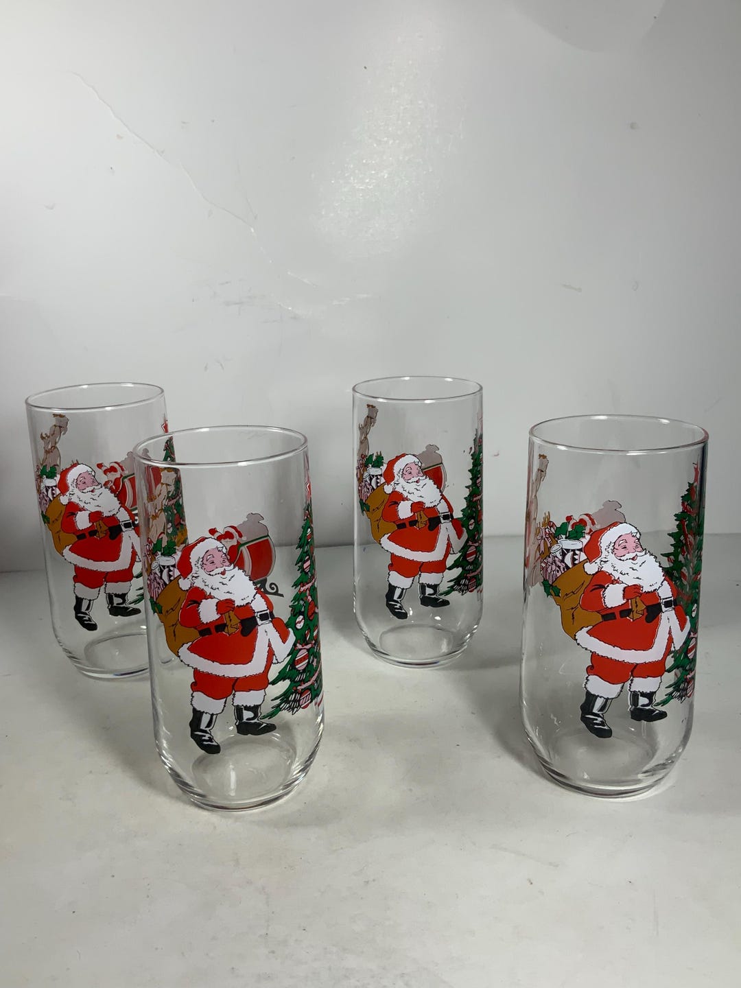 Set of 4 Vintage Luminarc Christmas Noel Santa Reindeer Glass Tumblers ...