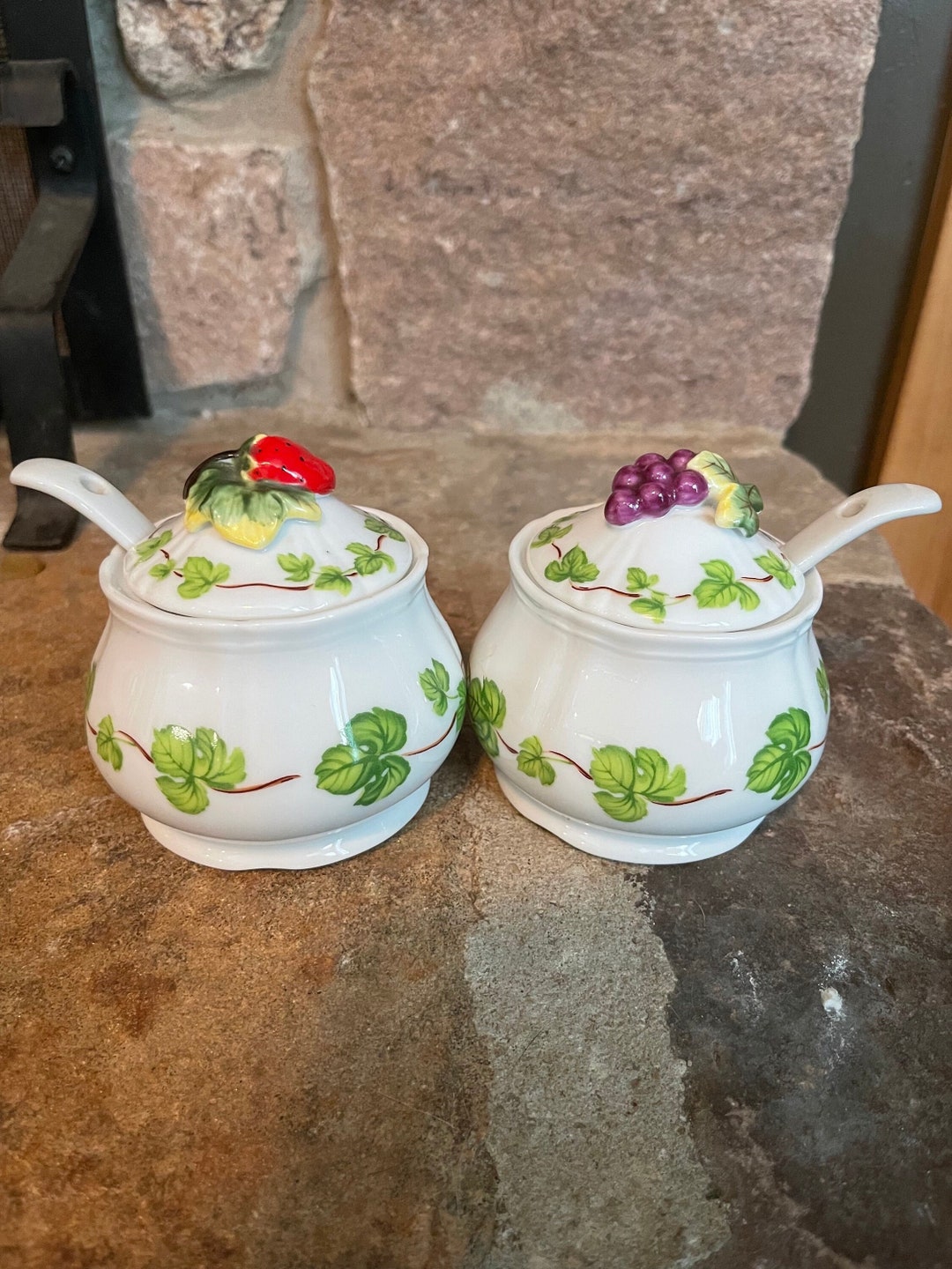 Vintage Strawberry & Grape Jam Pots With Spoons - Etsy