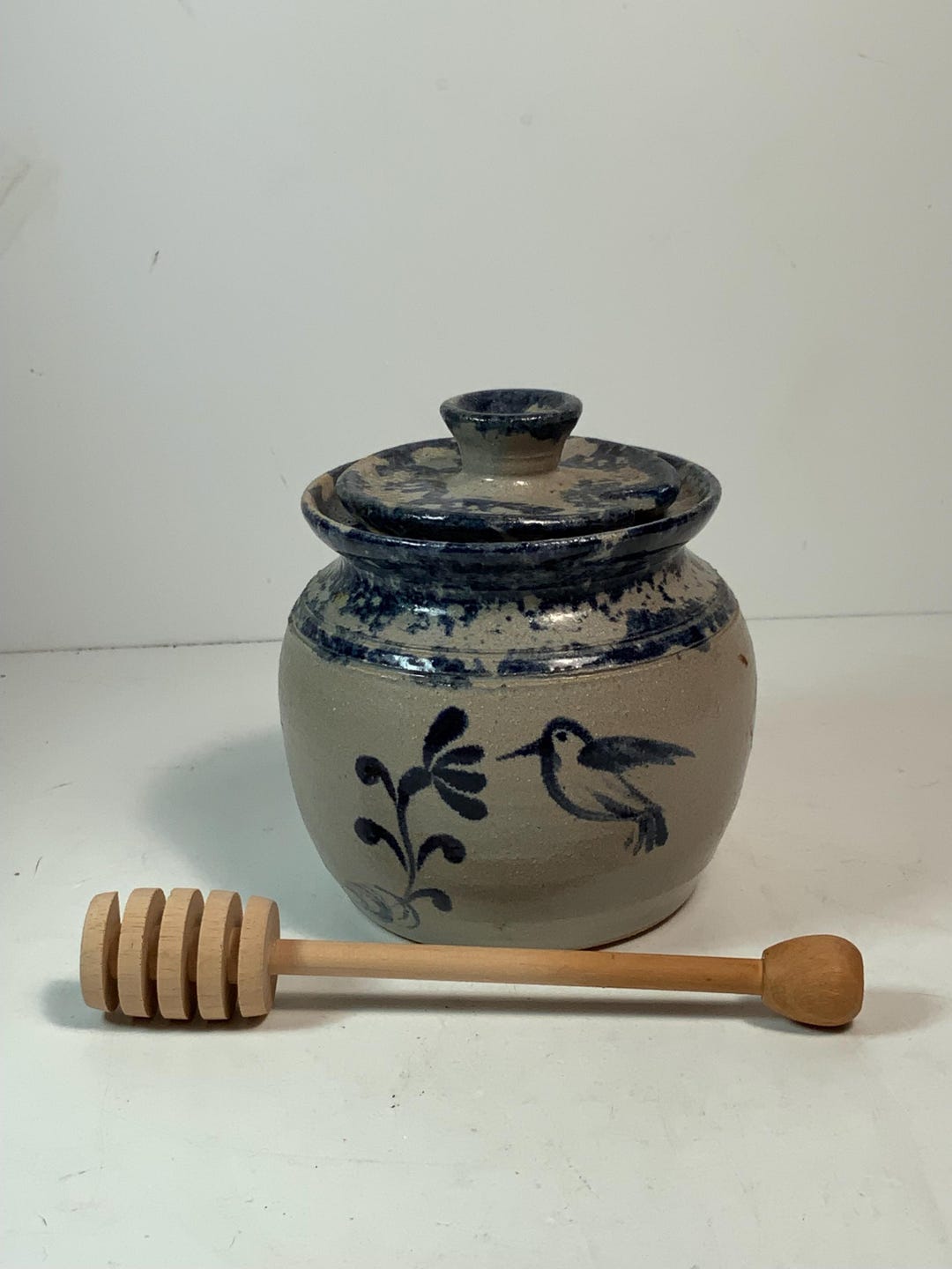 RARE Vintage Ellis Pottery Hummingbird Honey Pot & Wood Dipper 4.5 In ...