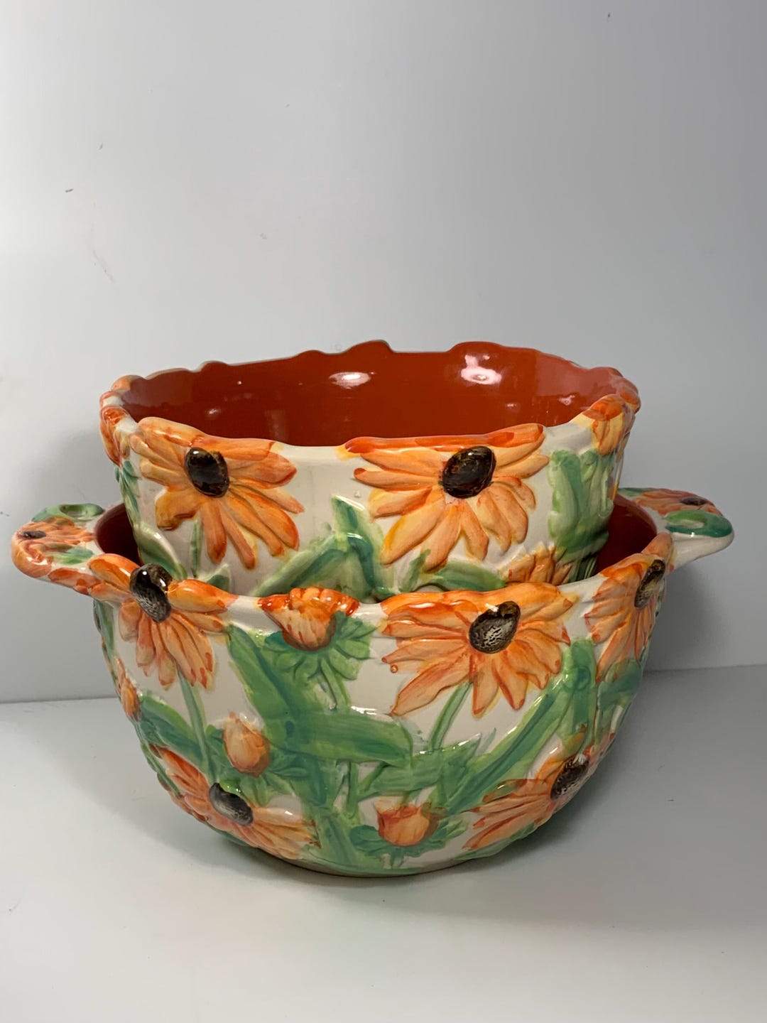Set of 2 Temp-tations Presentable Ovenware Orange Daisies Stoneware ...