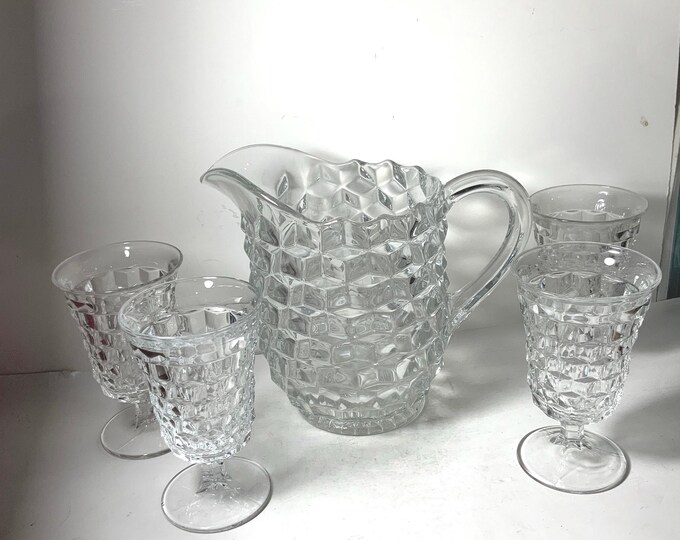 Vintage Fostoria American Cubist Glass Water Pitcher & 4 Glasses - Etsy
