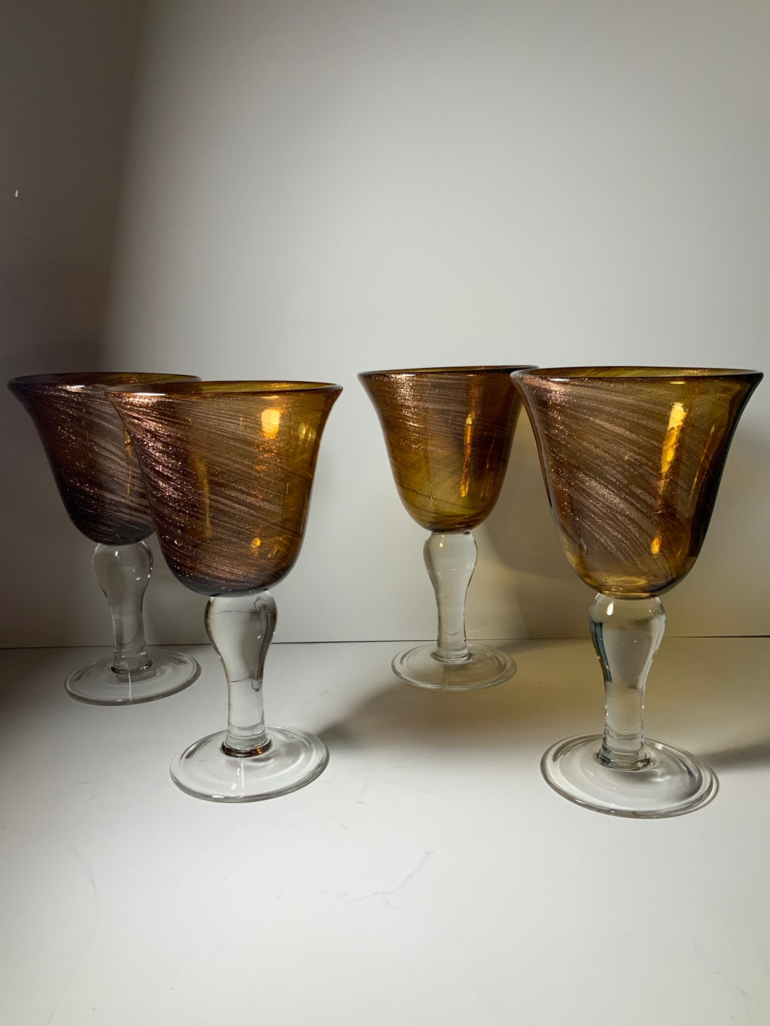 Set of 4 Pier 1 Handblown Glass Gold & Brown Swirled Goblets 8 In. - Etsy