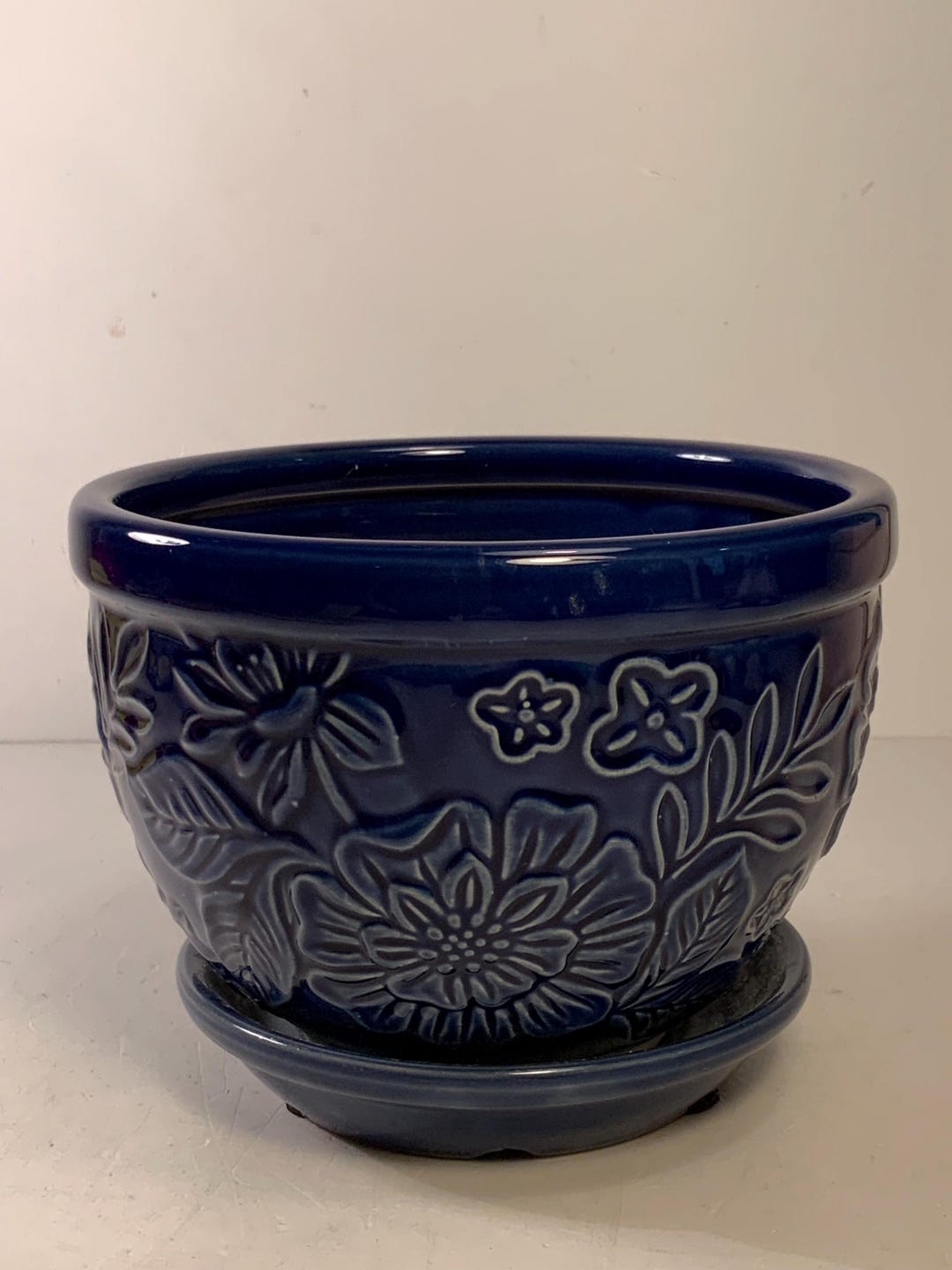 Indigo Blue Embossed Floral Ceramic Flower Pot & Attached Underplate 6 ...