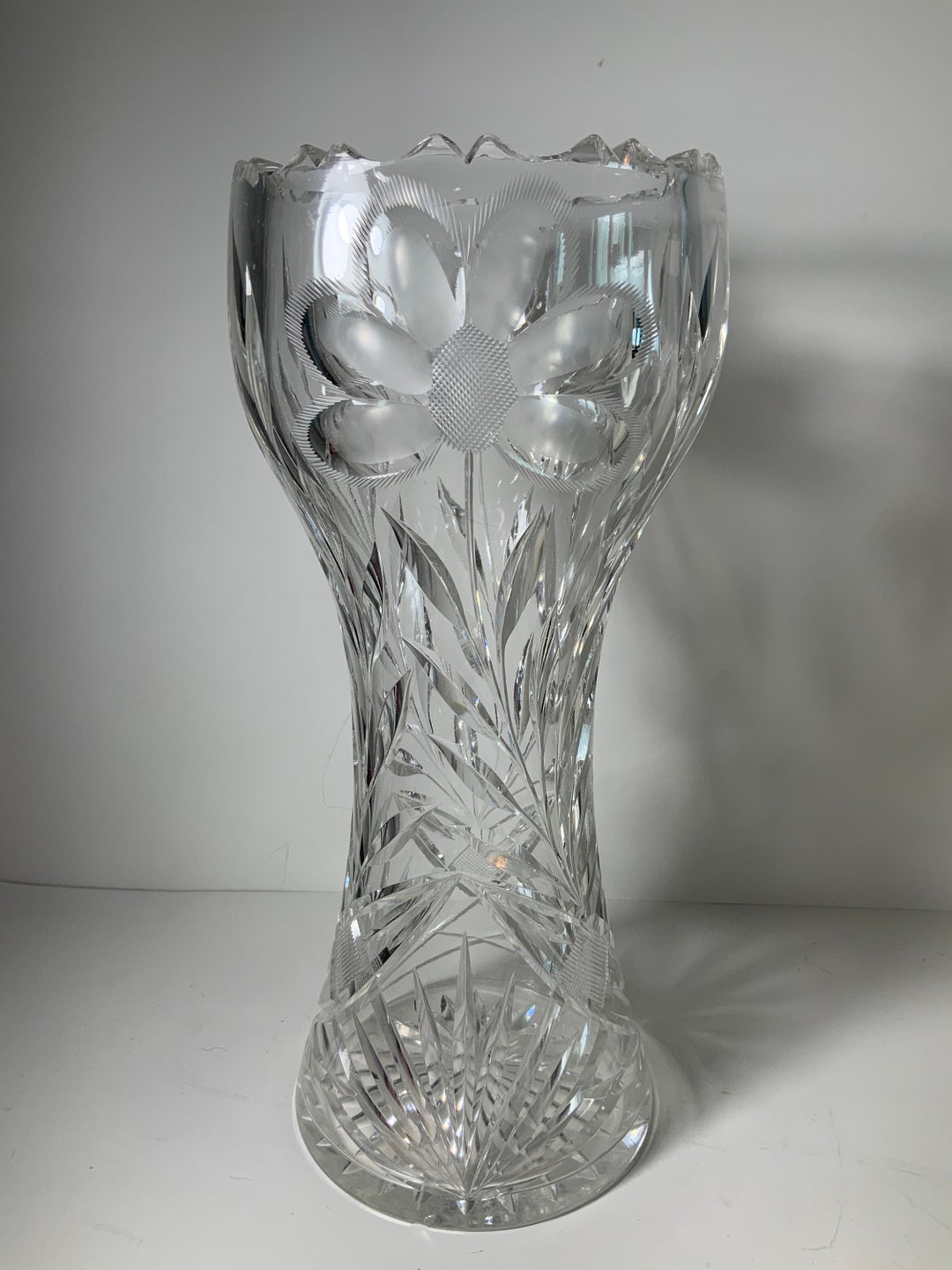 Vintage Cut Glass Etched Daisy Corset Vase 12 In. - Etsy