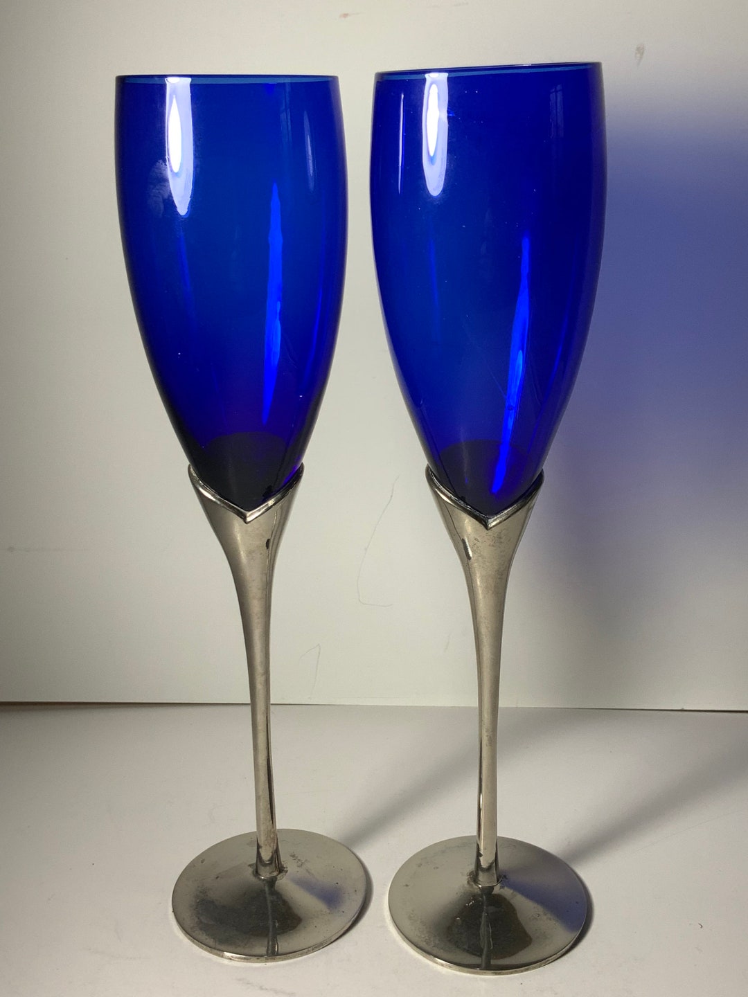 Set of 2 International Silver Co. Blue Glass Champagne Flutes With ...