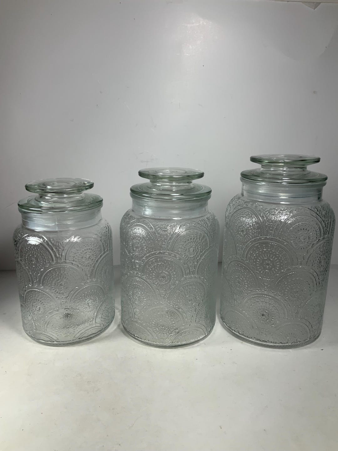 Set of 3 Style Setter Clear Glass Medallion Pattern Canisters - Etsy