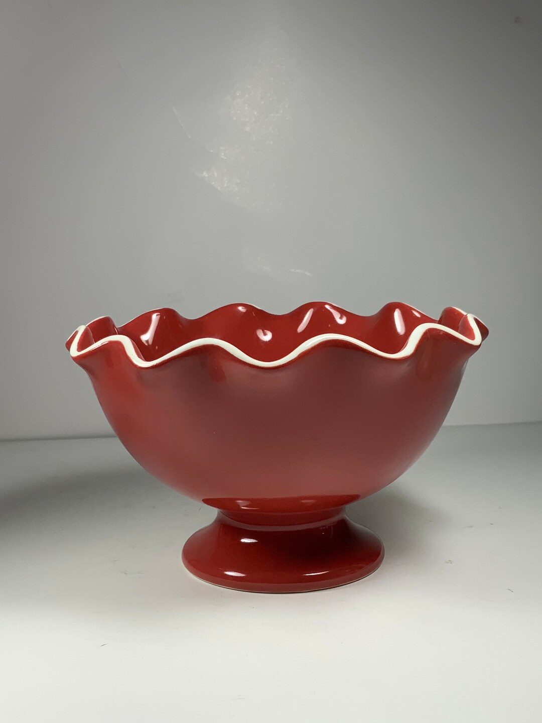 Longaberger Pottery Red Fluted Pedestal Bowl With White Trim 7 In. - Etsy