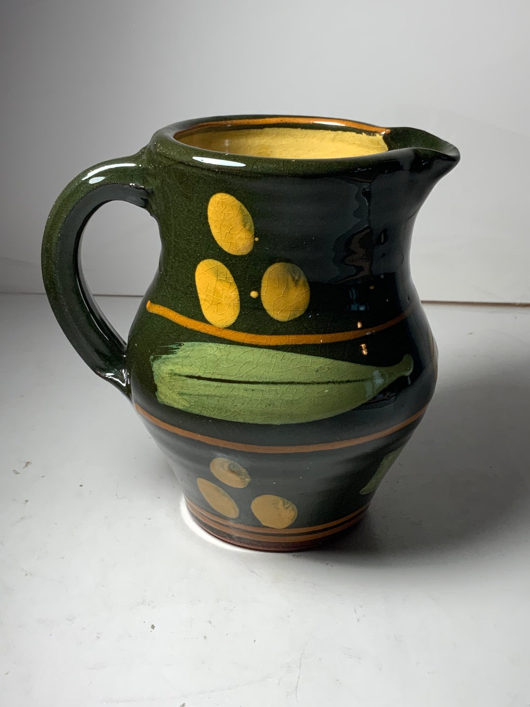 Vintage Forest Green Hand Painted Red Ware Pottery Pitcher Signed 4.75 ...