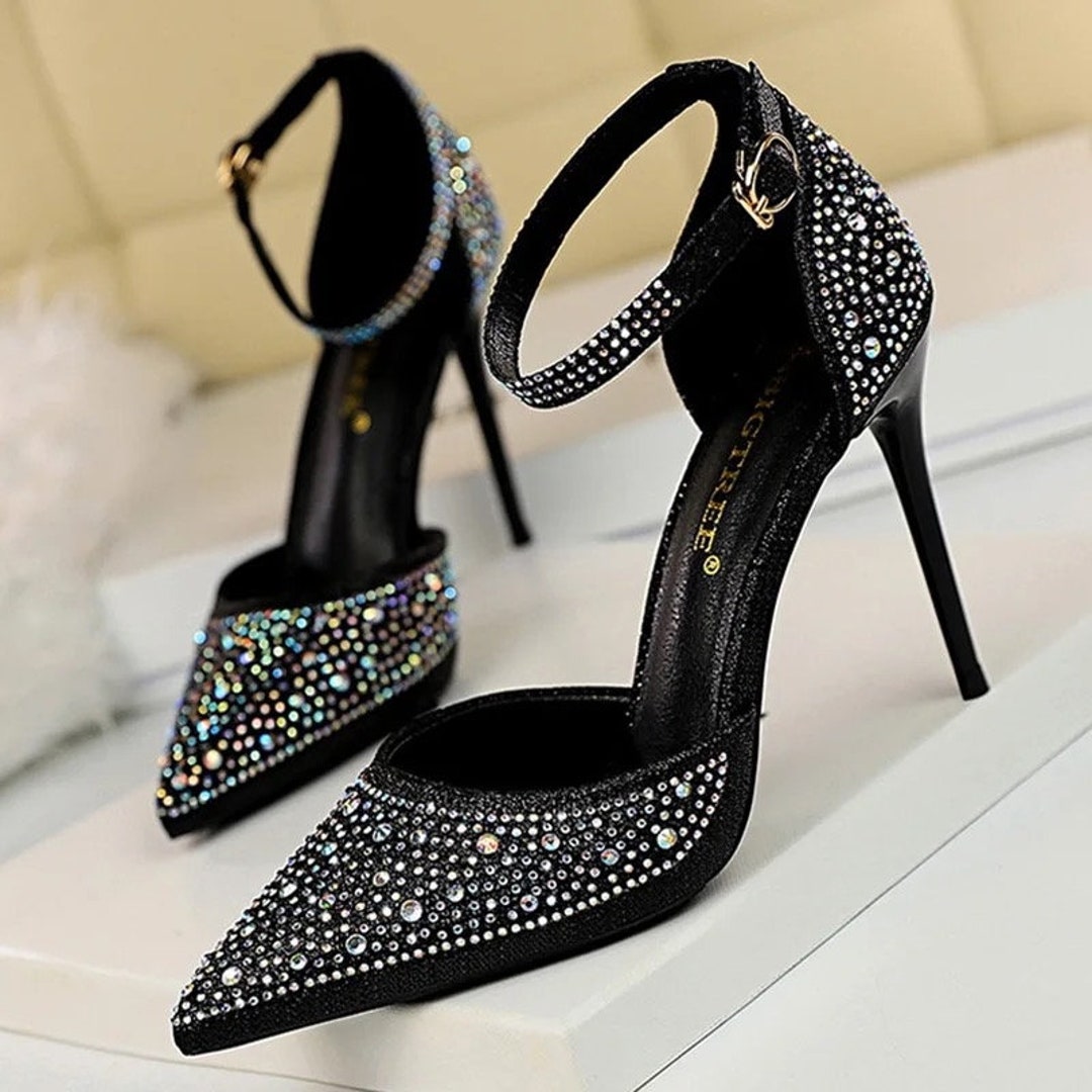 Black Shiny Rhinestone High Heels 10 CM - Etsy