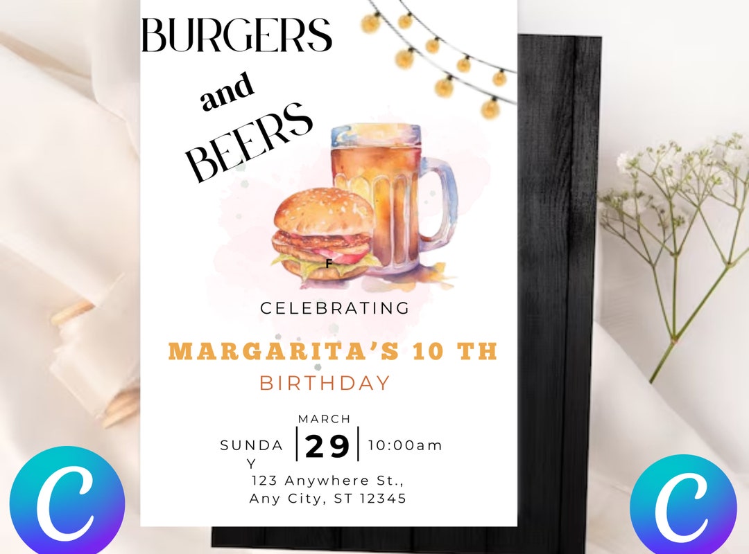 Burger and Beer Invitation, Burgers Brews Invite, Burger Beers Birthday ...