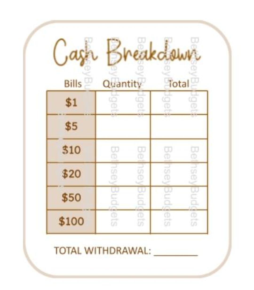 DARK BROWN Cash Breakdown Slip | Teller Sheet | Cash Withdrawal Total ...