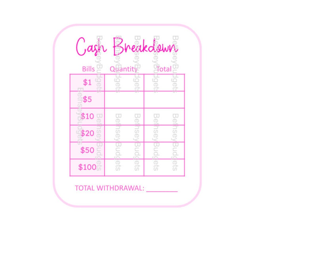 PINK Cash Breakdown Slip Teller Sheet Cash Withdrawal Total PNG ...