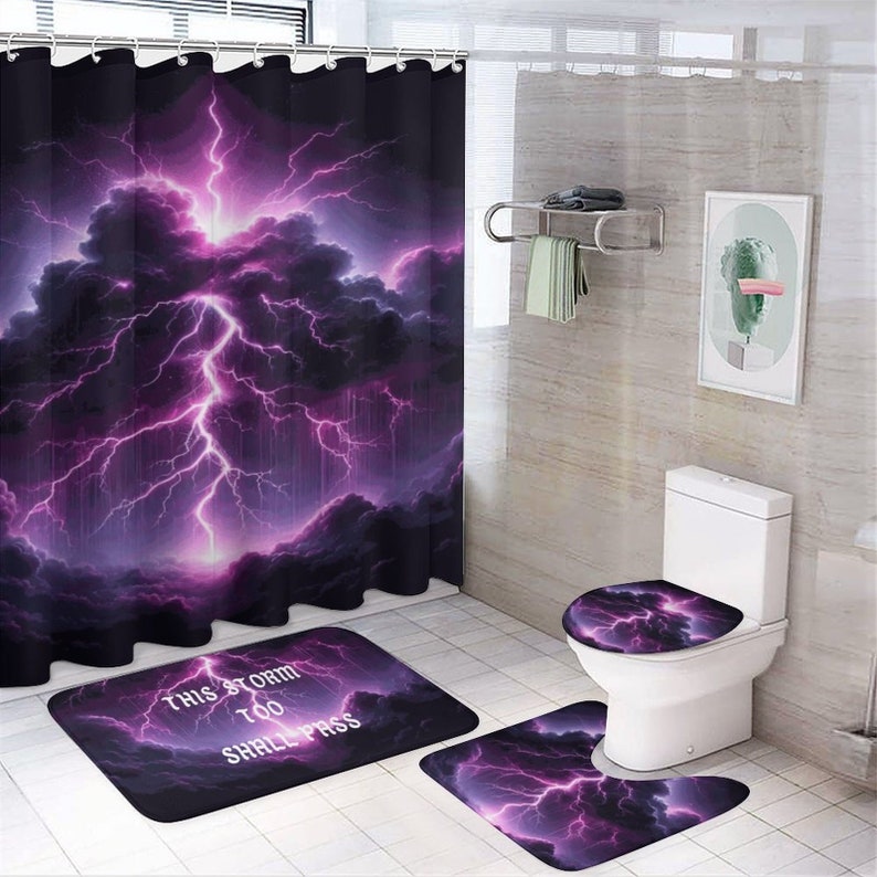 Purple Lightning Storm Shower Curtain Set With Rugs - Etsy