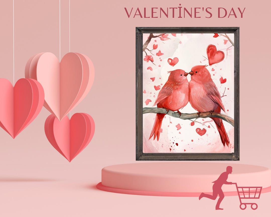 Pink Love Birds on Branch Art Print, Romantic Printable Wall Art ...