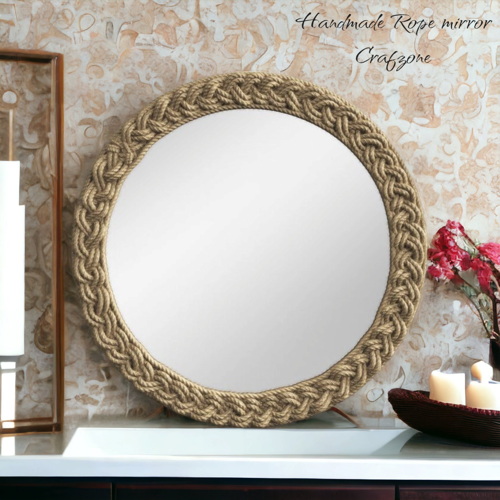 MDF Wood Jute Rope Mirror Rustic Nautical Wall Mount Mirror Coastal ...