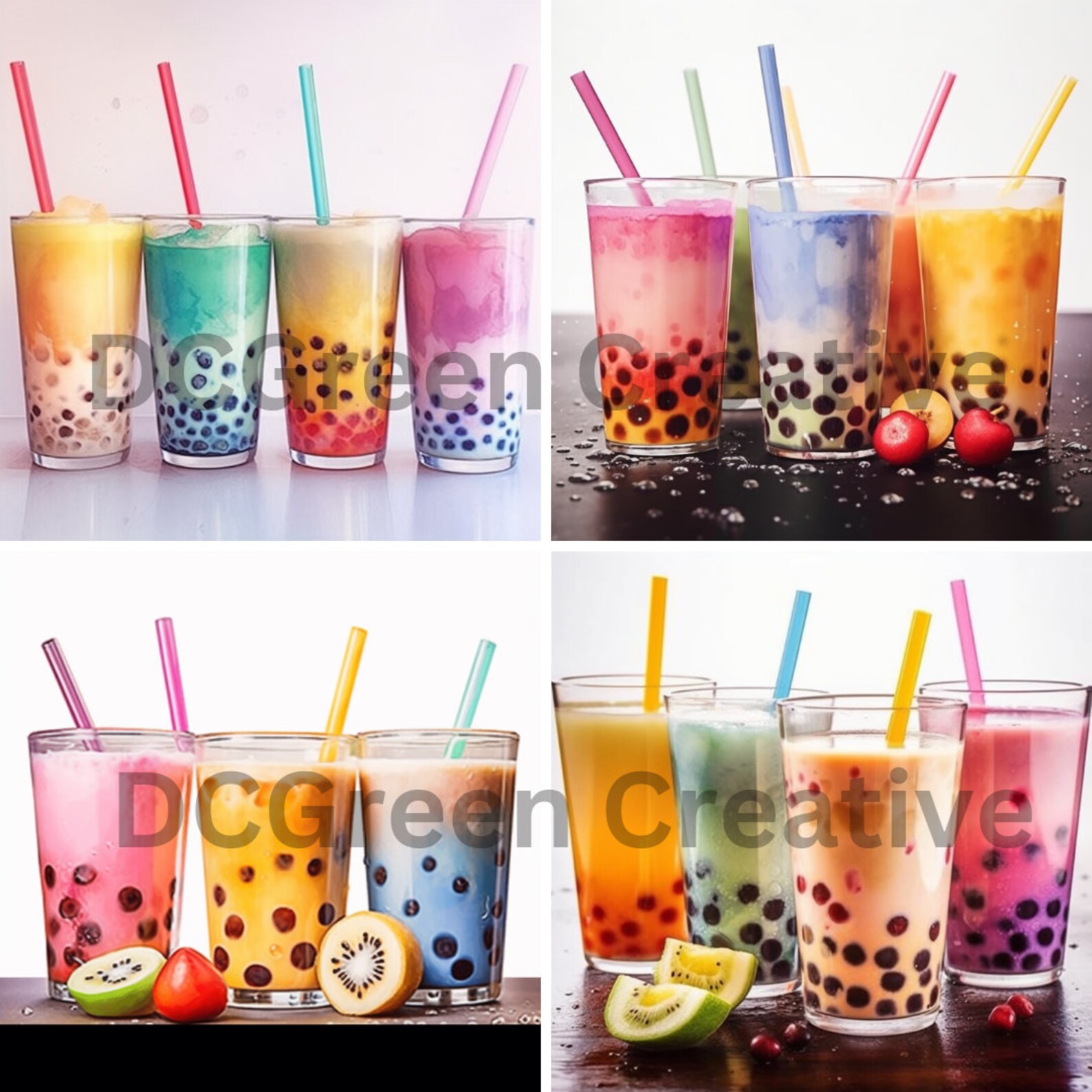 Watercolor Bubble Tea Summer Multi Drinks With Fruit and Boba Clipart. 20 Unique PNG Images ...