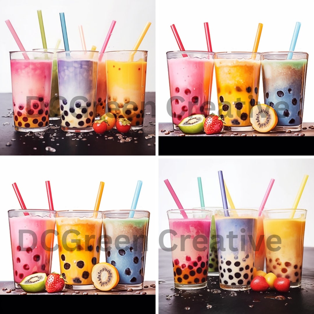 Watercolor Bubble Tea Summer Multi Drinks With Fruit and Boba Clipart ...