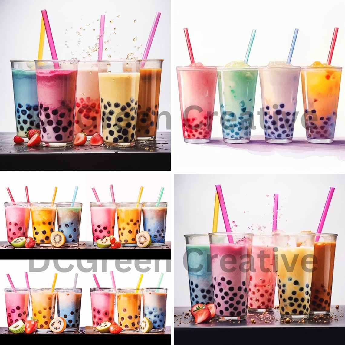 Watercolor Bubble Tea Summer Multi Drinks With Fruit and Boba Clipart. 20 Unique PNG Images ...