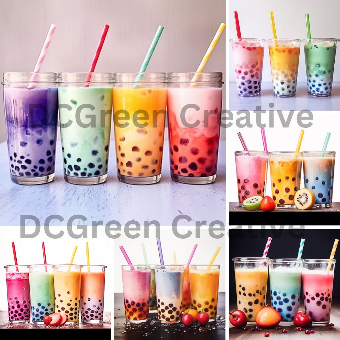 Watercolor Bubble Tea Summer Multi Drinks With Fruit and Boba Clipart ...