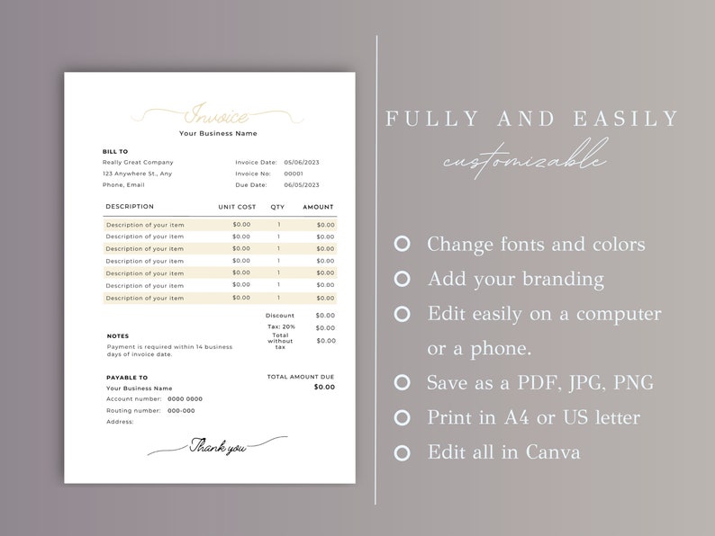 Invoice Template Canva Printable Invoice Template Small - Etsy México