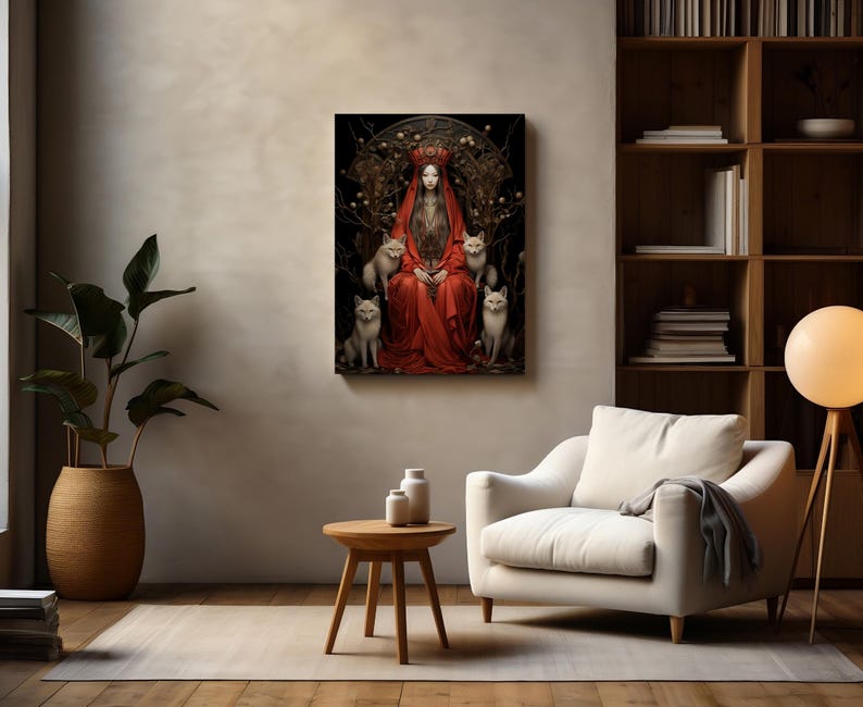 Inari Okami Red Throne Art | Japanese Mythology Kitsune Print | Dark ...