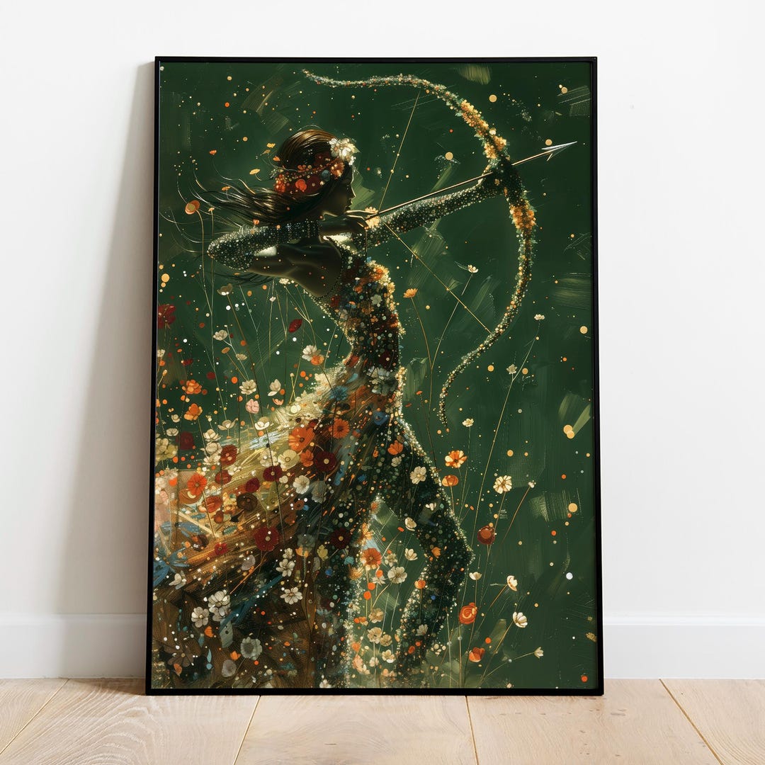 Greek Mythology Artemis Wall Art, Fantasy Goddess Print, Floral Archer ...