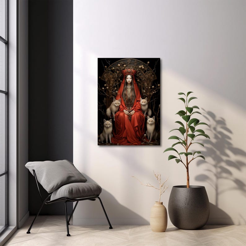 Inari Okami Red Throne Art | Japanese Mythology Kitsune Print | Dark ...
