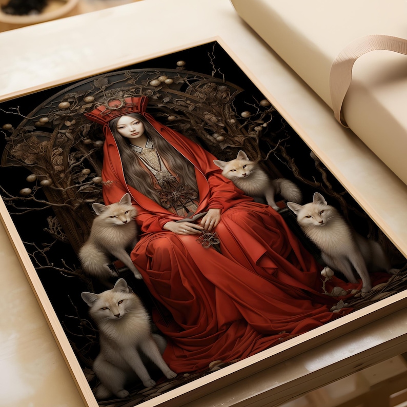 Inari Okami Red Throne Art | Japanese Mythology Kitsune Print | Dark ...