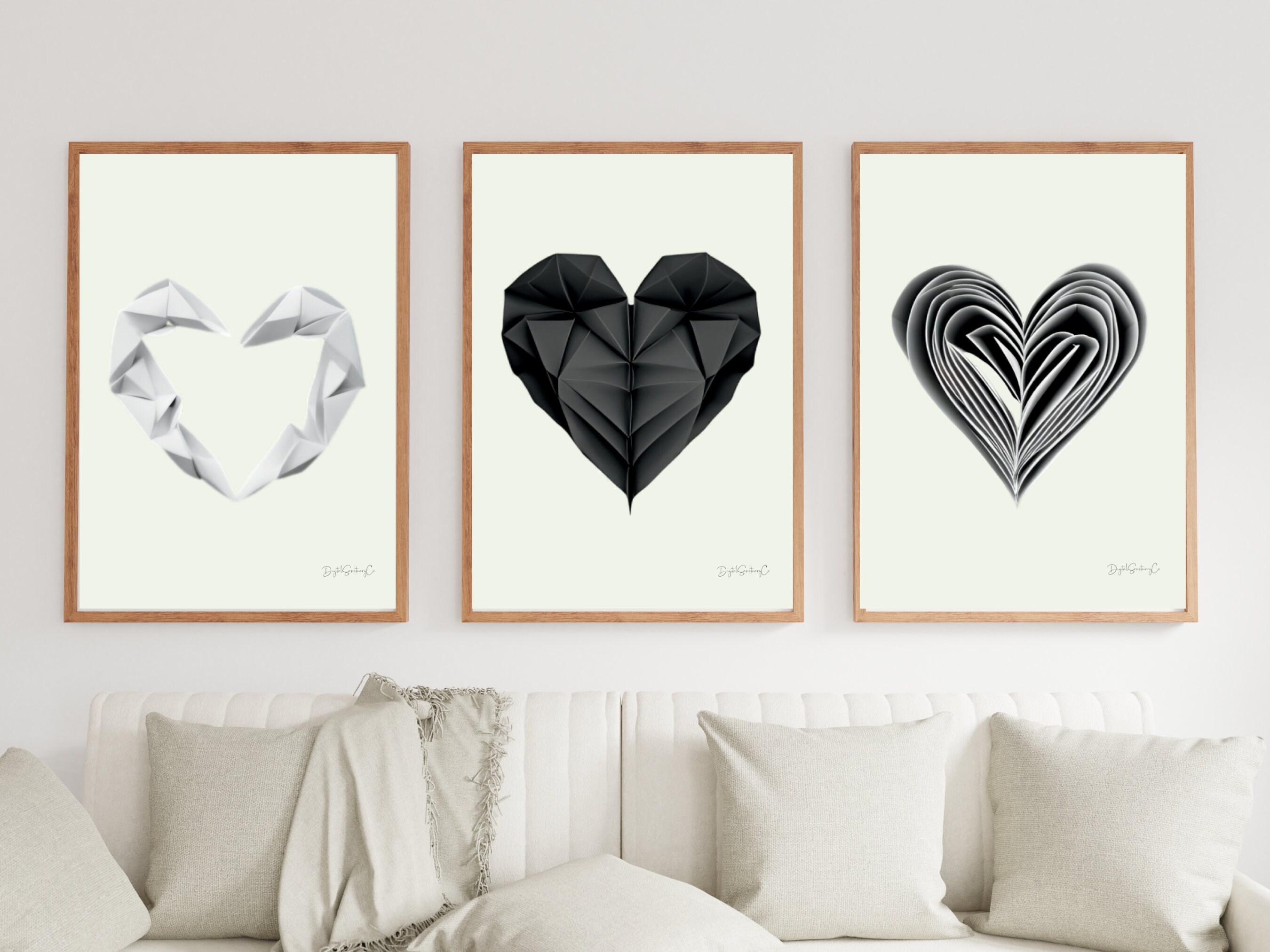 Printable Off-white Hearts Origami Trio Wall Art Set Abstract Wall Art ...
