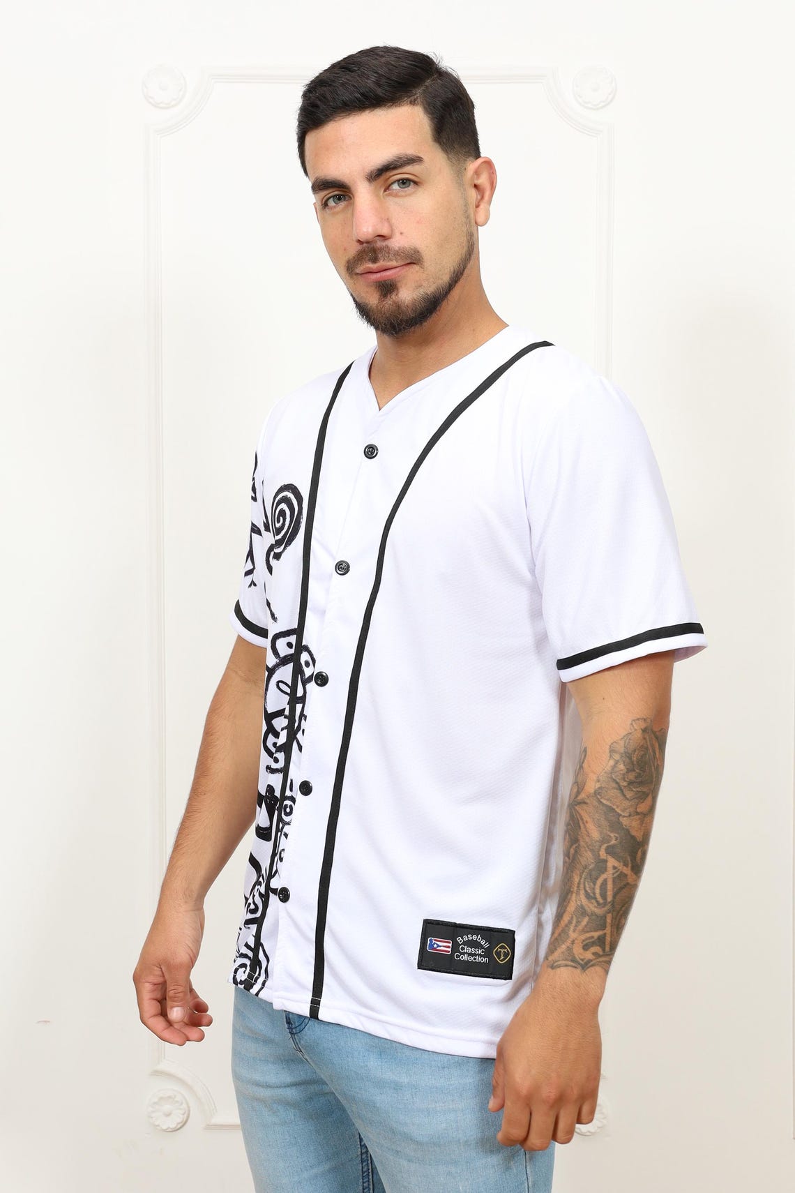 Tainowears Puerto Rico Baseball Jersey Símbolos Tainos Button White ...