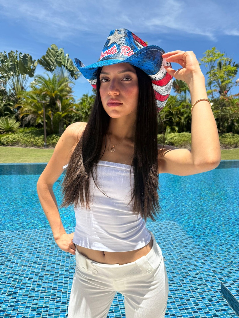 Puerto Rico Cowboy Hat for Women Rhinestone Start, Straw Western ...