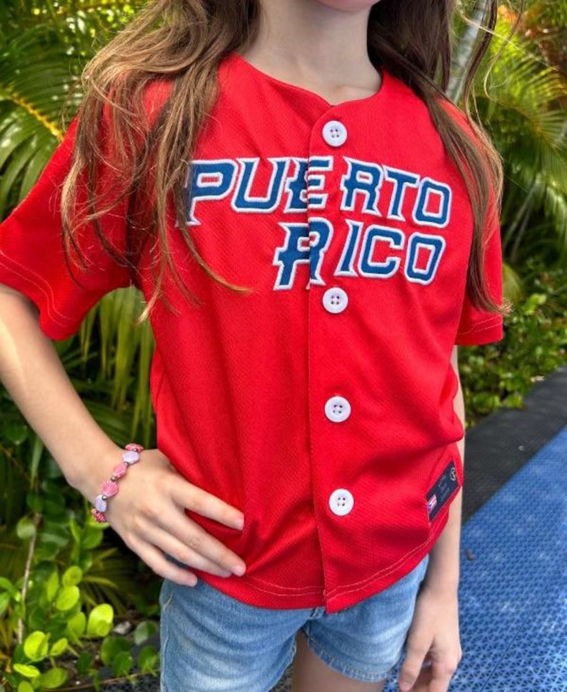 Puerto Rico Kids Baseball Jersey #21 – Embroidered Boricua Blue Button ...