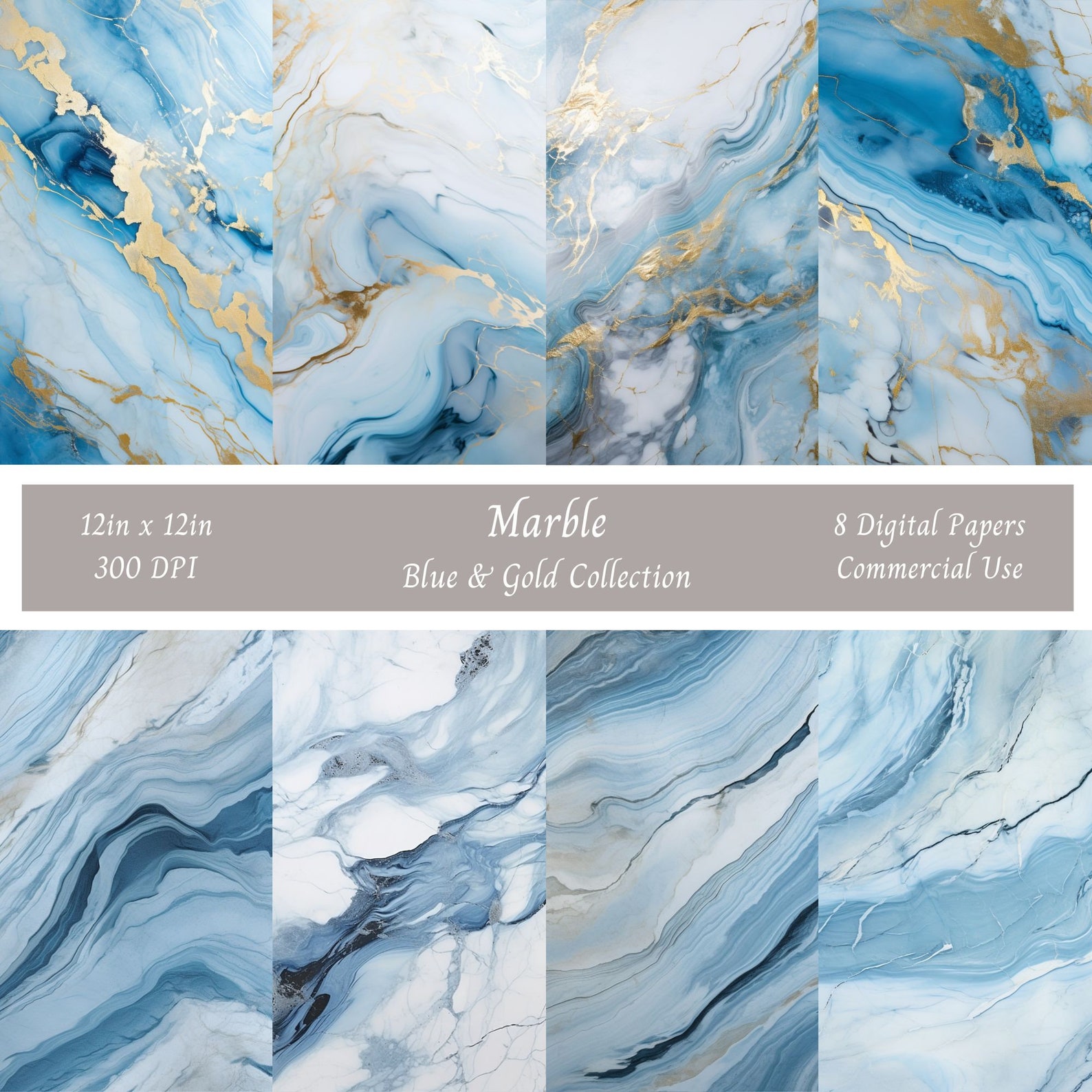 Blue and Gold Marble Digital Paper, Marble Textures, Printable ...