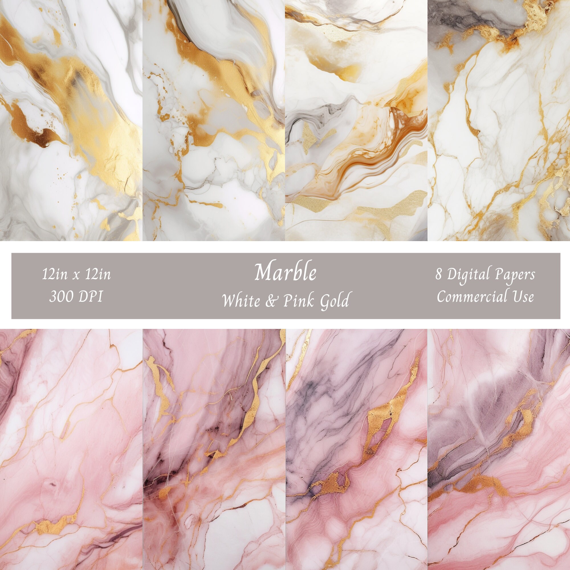 White and Pink Gold Marble Digital Paper, Marble Textures, Printable ...
