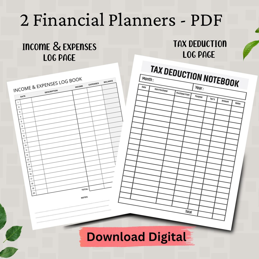Tax Deduction Log Sheet, Income and Expenses Log Sheet, 2 Set Finacial ...