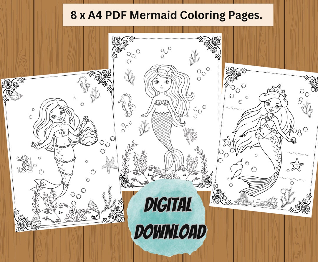 Cute Mermaid Coloring Pages, 8 Page Mermaid Coloring Kit, Mermaid ...