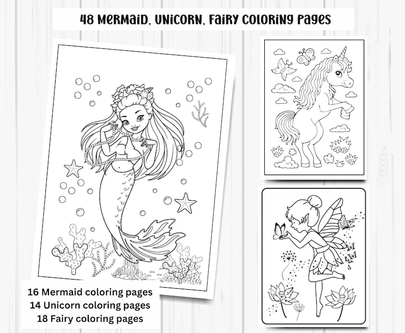 Unicorn, Mermaid, Fairy Kids Coloring Pages, Variety Pack Coloring ...
