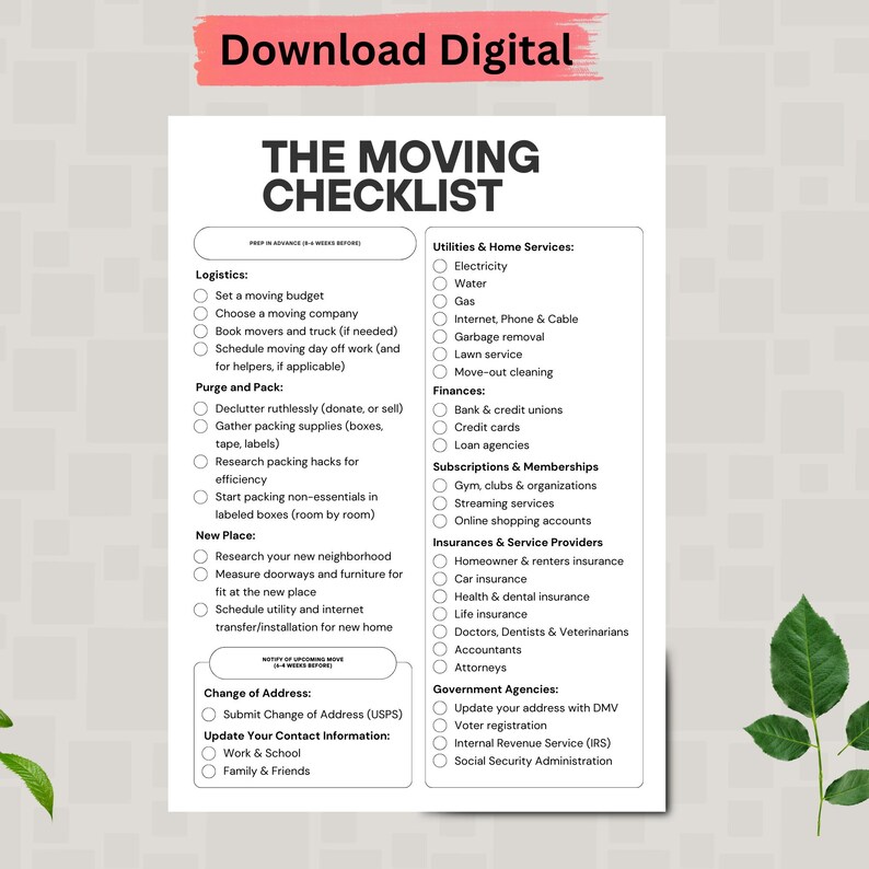 Moving Checklist Planner: Printable Weekly Tasks (digital Download ...