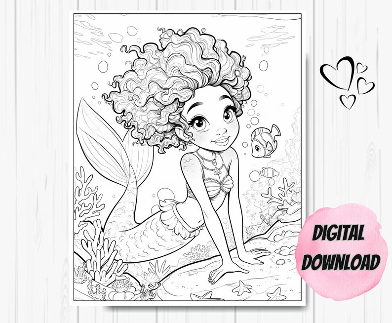 Black Mermaids Coloring Pages: Set of 10, Kids Activity (digital ...