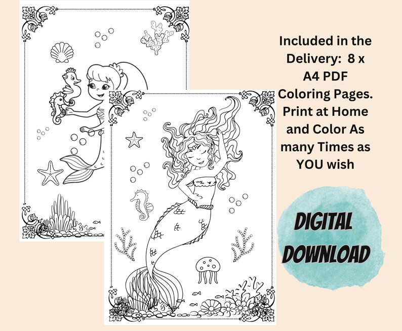 Mermaid Coloring Pages, 8 Page Mermaid Coloring Package, Mermaid ...