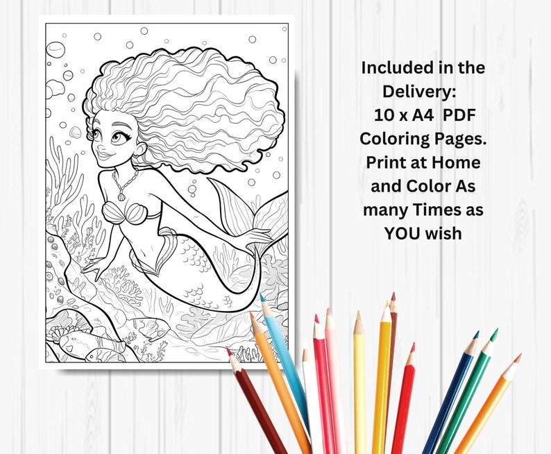 Black Mermaids Coloring Pages: Set of 10, Kids Activity (digital ...