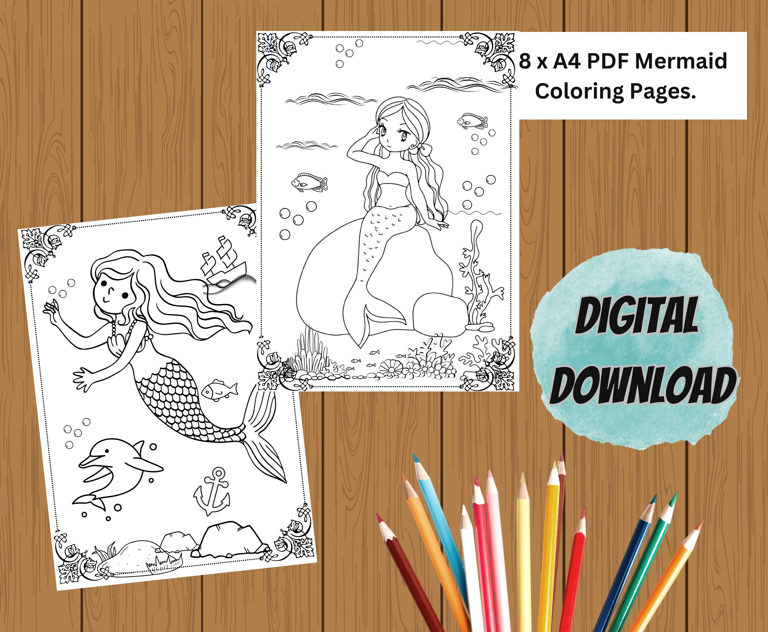 Cute Mermaid Coloring Pages, 8 Page Mermaid Coloring Kit, Mermaid ...