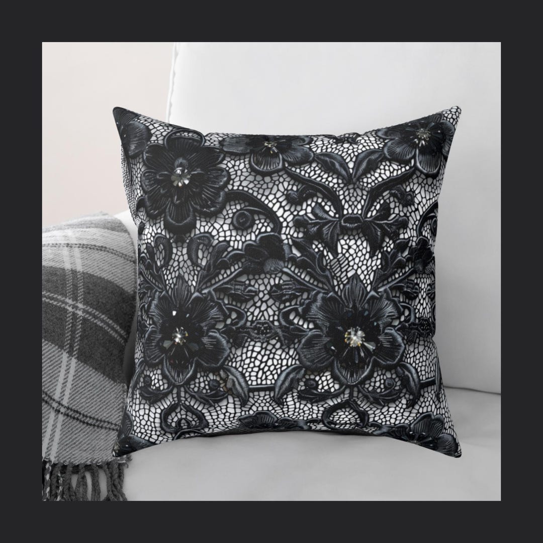 Vintage Lace Aesthetic Pillow, Black Throw Pillow Design, Retro Lace ...
