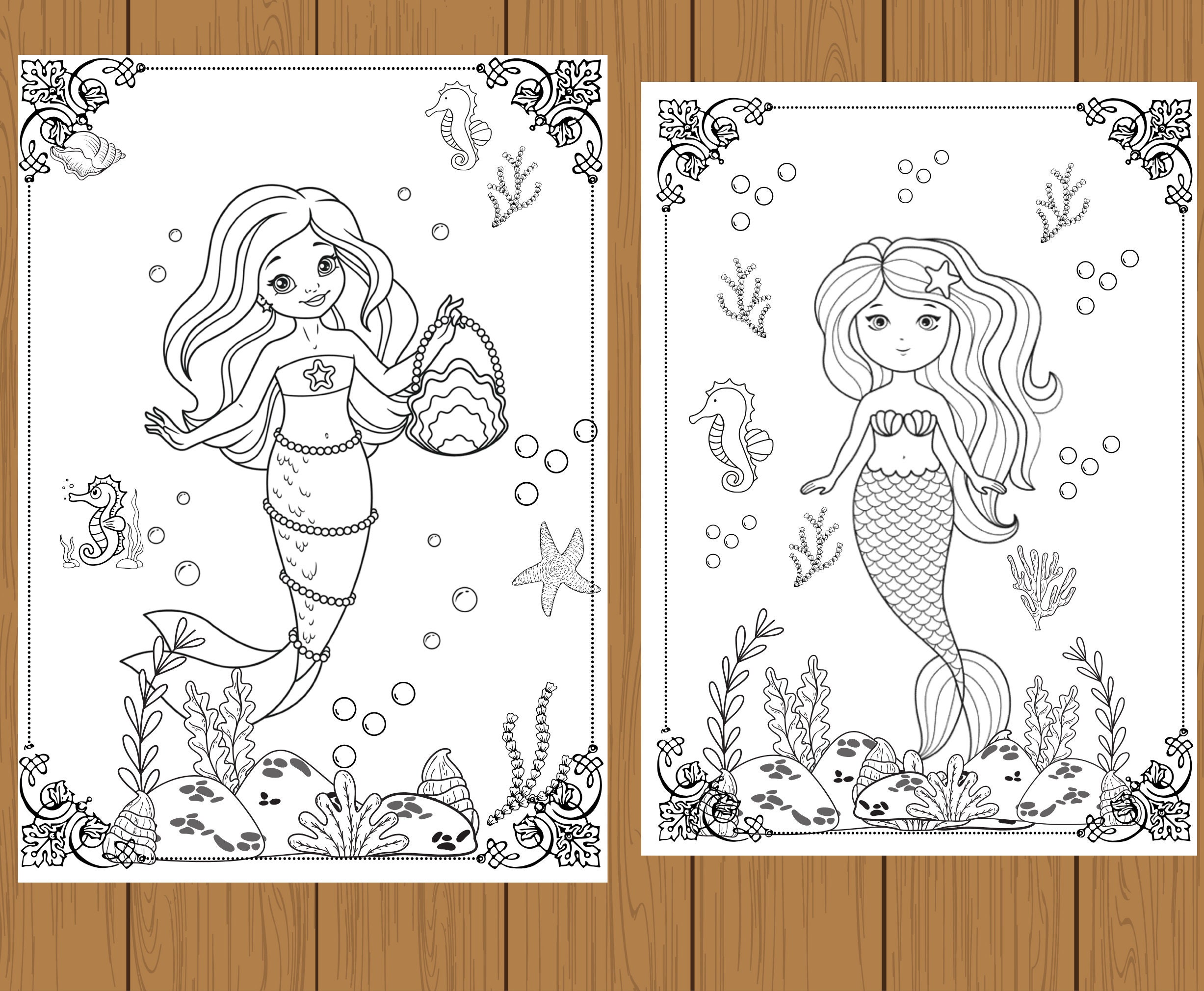 Cute Mermaid Coloring Pages, 8 Page Mermaid Coloring Kit, Mermaid ...