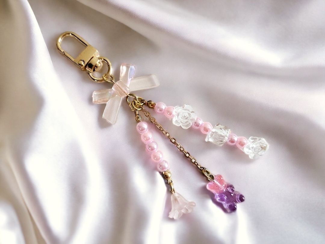 Cute Keychain, Pink Key Chain, Beaded Keychain, Phone Charm, Kawaii ...