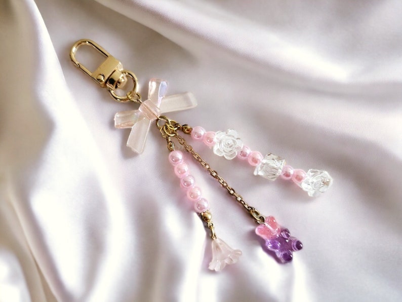Cute Keychain, Pink Key Chain, Beaded Keychain, Phone Charm, Kawaii ...